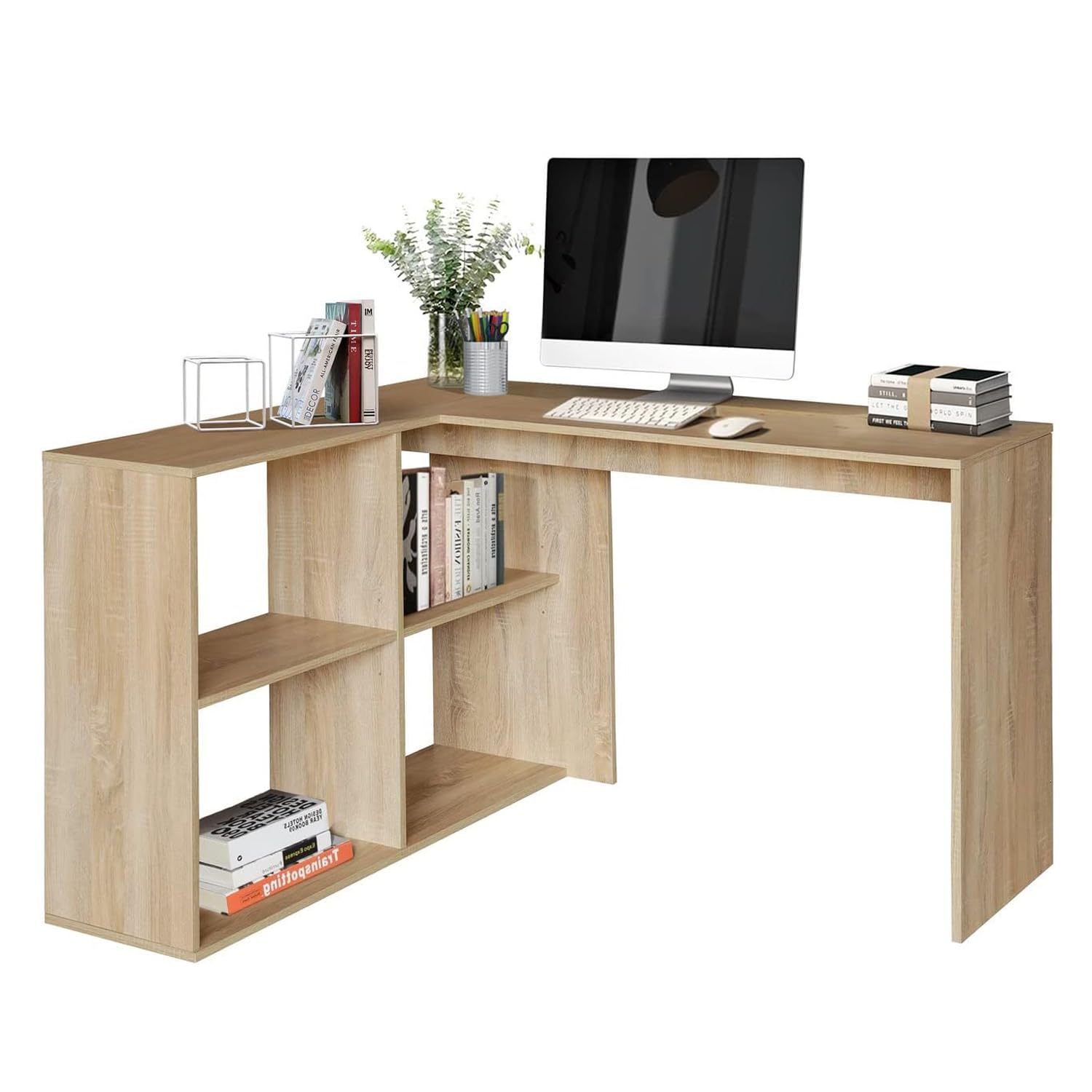 FurnitureR Home Office L-Shaped Computer Desk with Storage Shelves, 47" and 35" Corner Desk Space-Saving Writing Table Gaming PC Workstation (Light Brown)