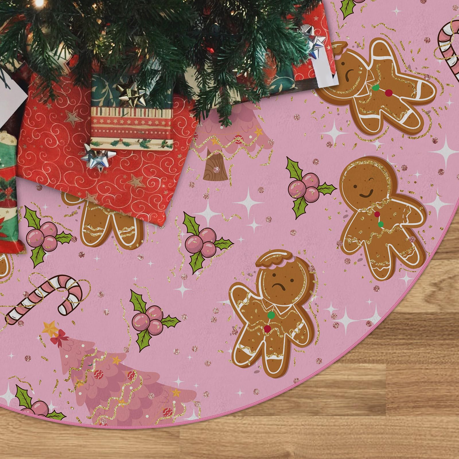 Christmas Tree Skirt Pink Tree Skirt Christmas Tree Candy Cane Gingerbread Xmas Winter Tree Skirt 48 Inch for Pink Christmas Indoor Outdoor Decorations