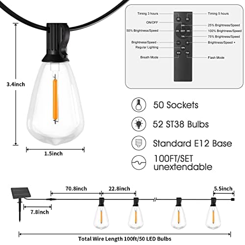 RTTY Solar String Lights Outdoor Waterproof 100ft with Remote and 52 Edison Bulb,Dimmable&Shatterproof,ST38 Solar Powered String Lights for Outside,Patio,Porch