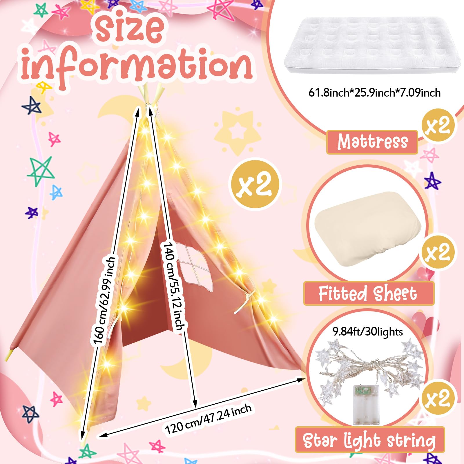 Windyun 2 Pack Kids Teepee Tent Bulk with Light String & Inflatable Airbed & Bedding Fitted Sheet, Natural Cotton Toddler Play Tent Washable Foldable Tent for Girls Boys Indoor Outdoor (Pink)