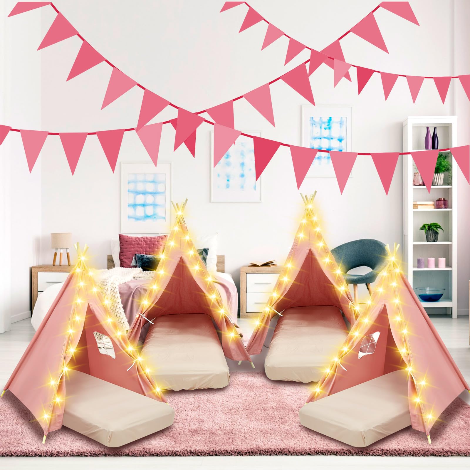 Windyun 2 Pack Kids Teepee Tent Bulk with Light String & Inflatable Airbed & Bedding Fitted Sheet, Natural Cotton Toddler Play Tent Washable Foldable Tent for Girls Boys Indoor Outdoor (Pink)