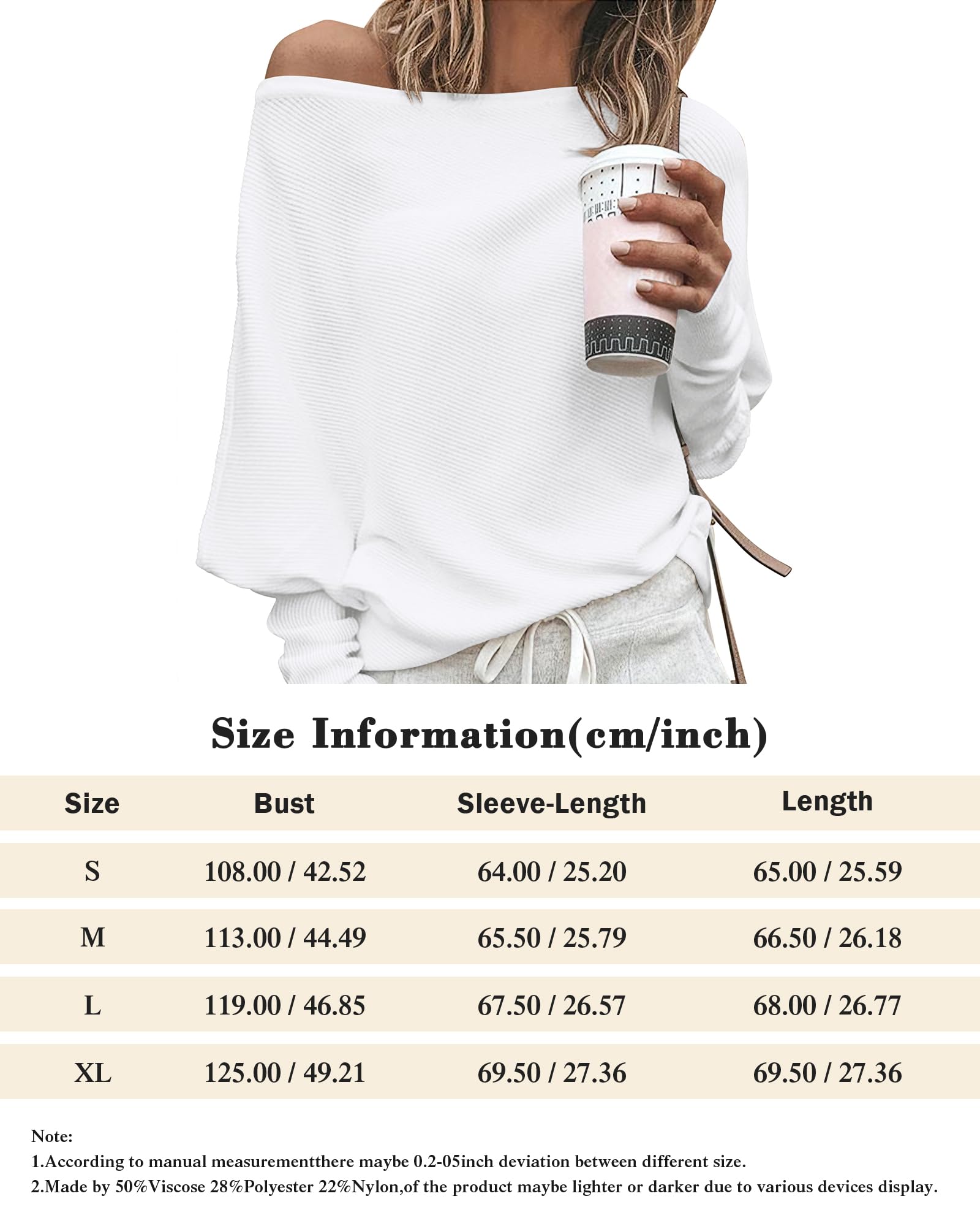 Zenlonr Women's Fall Sweaters 2025 Casual Long Batwing Sleeve Loose Off Shoulder Knit Pullovers Jumper Tops(White,Medium)