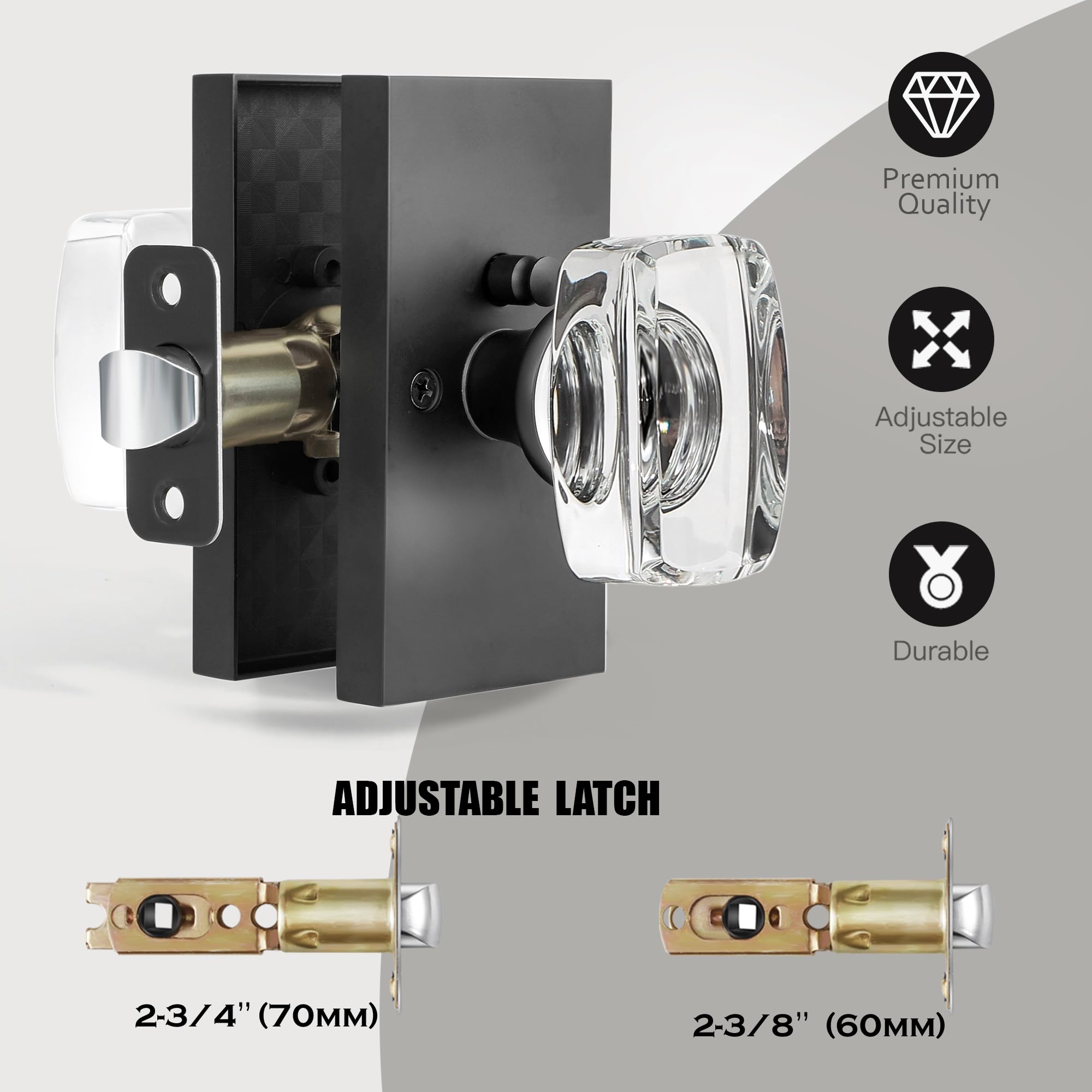 HIEMEY Glass Door Knobs Interior with Lock, Crystal Modern Privacy Door Knob for Bedroom Bathroom, Matte Black
