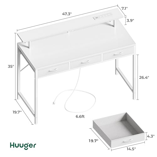 Huuger 47 inch Computer Desk with 3 Drawers, Office Desk Gaming Desk with LED Lights & Power Outlets, Home Office Desks with Storage Space for Bedroom, Work from Home, White