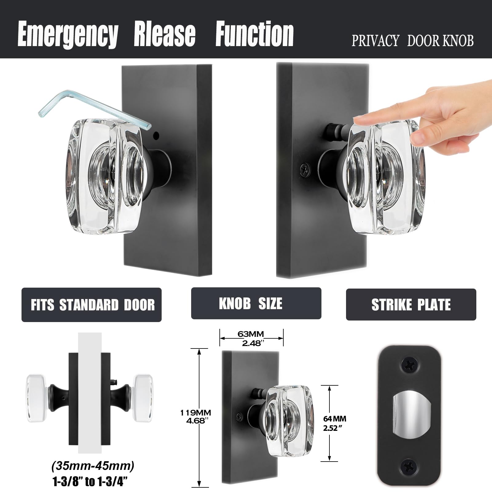 HIEMEY Glass Door Knobs Interior with Lock, Crystal Modern Privacy Door Knob for Bedroom Bathroom, Matte Black