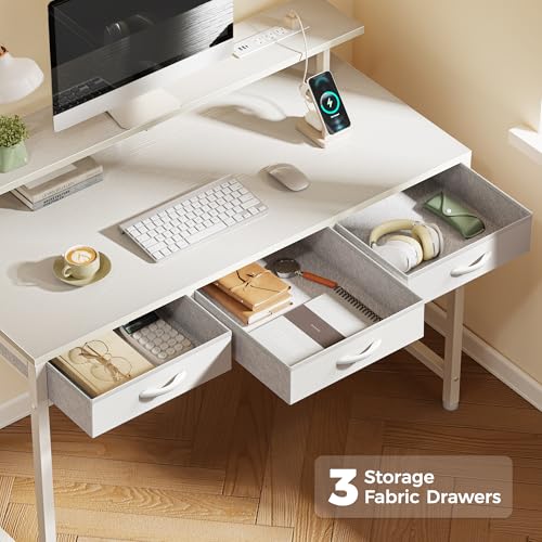 Huuger 47 inch Computer Desk with 3 Drawers, Office Desk Gaming Desk with LED Lights & Power Outlets, Home Office Desks with Storage Space for Bedroom, Work from Home, White