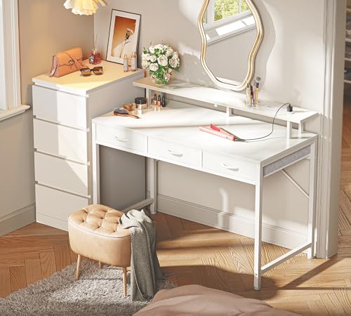 Huuger 47 inch Computer Desk with 3 Drawers, Office Desk Gaming Desk with LED Lights & Power Outlets, Home Office Desks with Storage Space for Bedroom, Work from Home, White