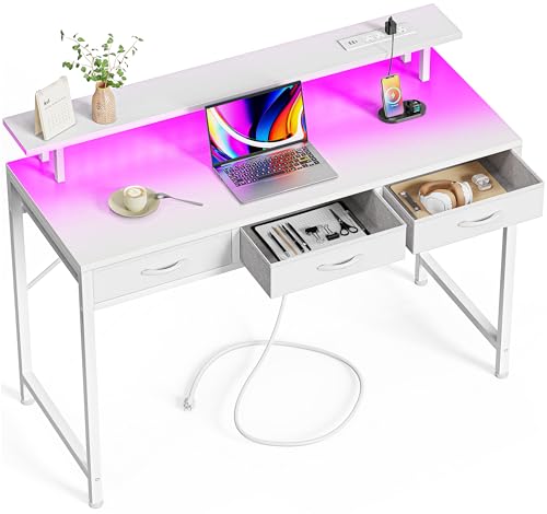 Huuger 47 inch Computer Desk with 3 Drawers, Office Desk Gaming Desk with LED Lights & Power Outlets, Home Office Desks with Storage Space for Bedroom, Work from Home, White