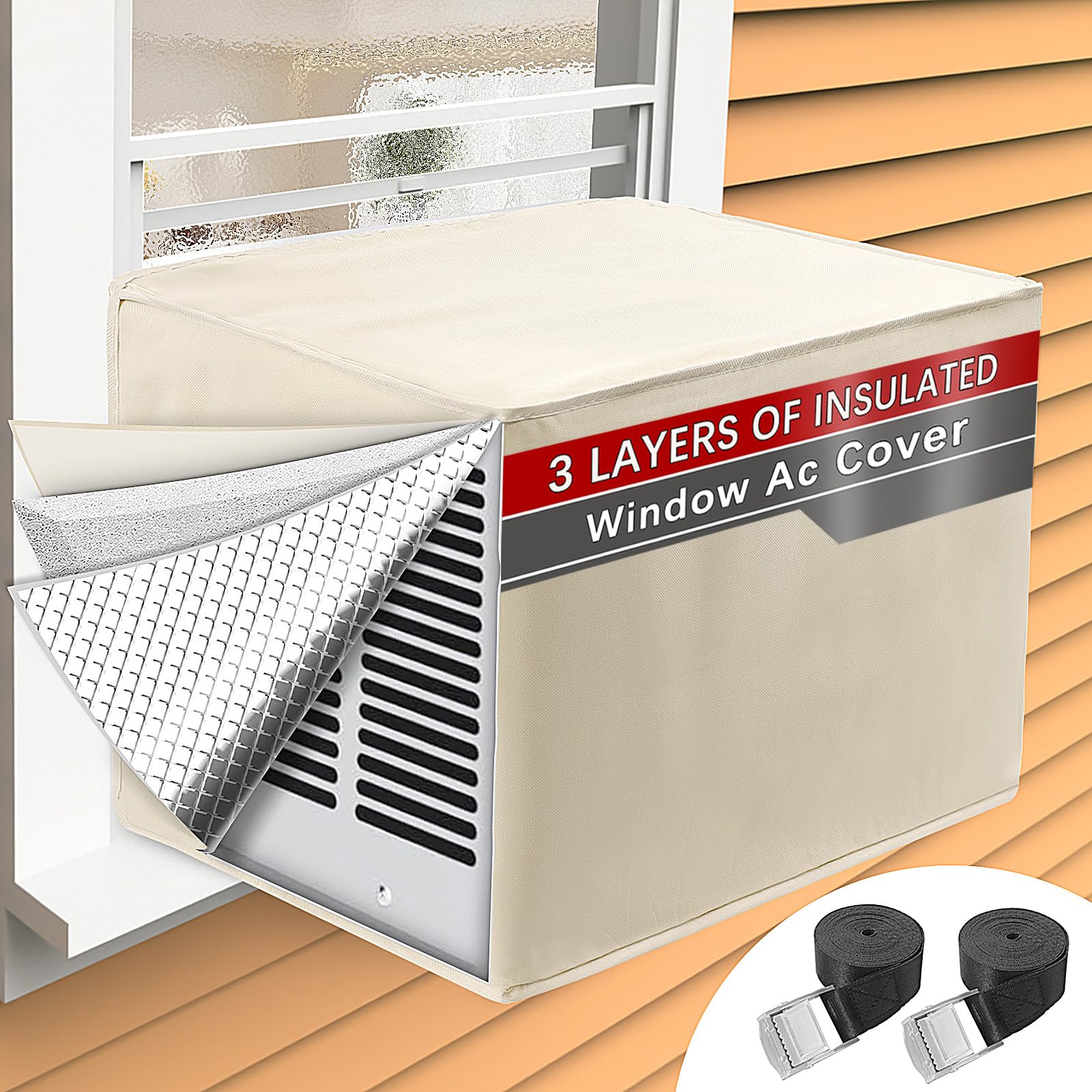 Window Air Conditioner Cover Outside Unit for Winter Insulation, Window AC Covers with 3 Layers Insulation, Waterproof & Dust-Proof Air Conditioner Covers for Window Units, 21"Lx15"Hx16"D - Beige