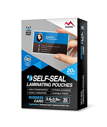 Everest Self Adhesive Laminating Pouches, Self Sealing Pouches for Cards, Waterproof, 2.6 x 3.9 Inches, 30 Sheets,10 Mil Thick, Gloss Finish Business Card, No Laminating Machine Needed