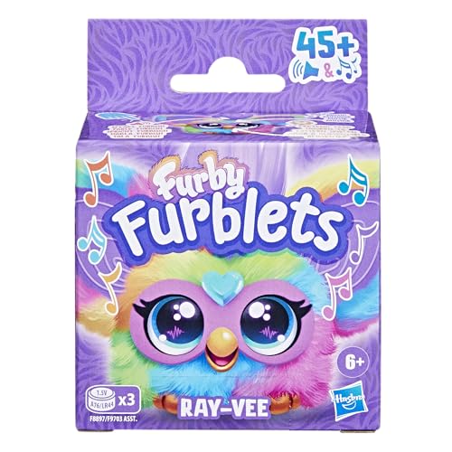 Furby Furblets Ray-Vee Mini Friend, Electronica Music, Speaks Only Furbish, Electronic Plush Toys for Girls & Boys, Interactive Pets, Rainbow, Easter Basket Stuffers, 6+