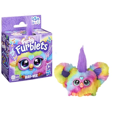 Furby Furblets Ray-Vee Mini Friend, Electronica Music, Speaks Only Furbish, Electronic Plush Toys for Girls & Boys, Interactive Pets, Rainbow, Easter Basket Stuffers, 6+