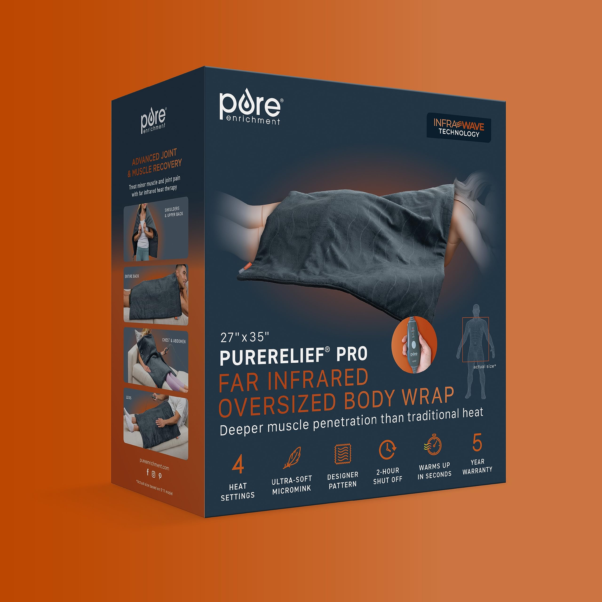 Pure Enrichment PureRelief Pro Far Infrared Oversized Body Wrap - 35” x 27” Full-Body Infrared Heating Pad for Back Pain, Shoulder Aches, Neck Strains, & Soreness in Knees, Abdomen, Chest, & Legs