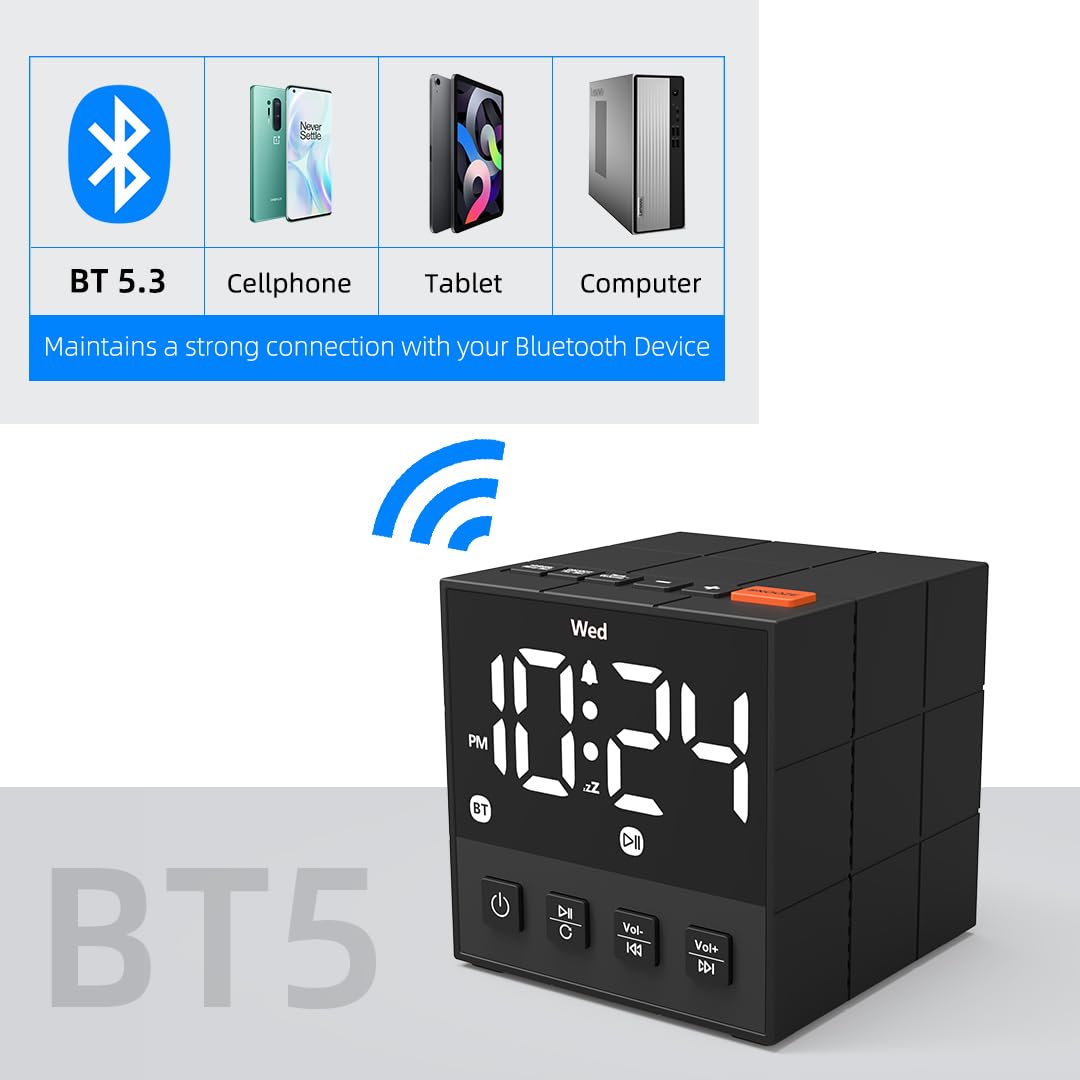 Loud Alarm Clock Bluetooth Speaker with Crystal-Clear Sound, Rich Bass, Dimmable LED Display, Small Bedside Digital Clock for Bedroom | Super Loud Alarm Clock for Heavy Sleepers, Adults, Teens - Black