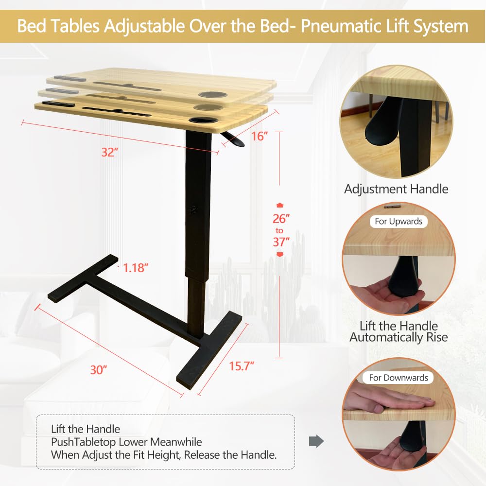 BeGyoku Overbed Table,Hospital Bed Table,Pneumatic Bed Tables Adjustable Over The Bed with Hidden Wheels&USB,Mobile Laptop Table Cart&Rolling Bedside Table with Tray Hospital Home Use-Oak