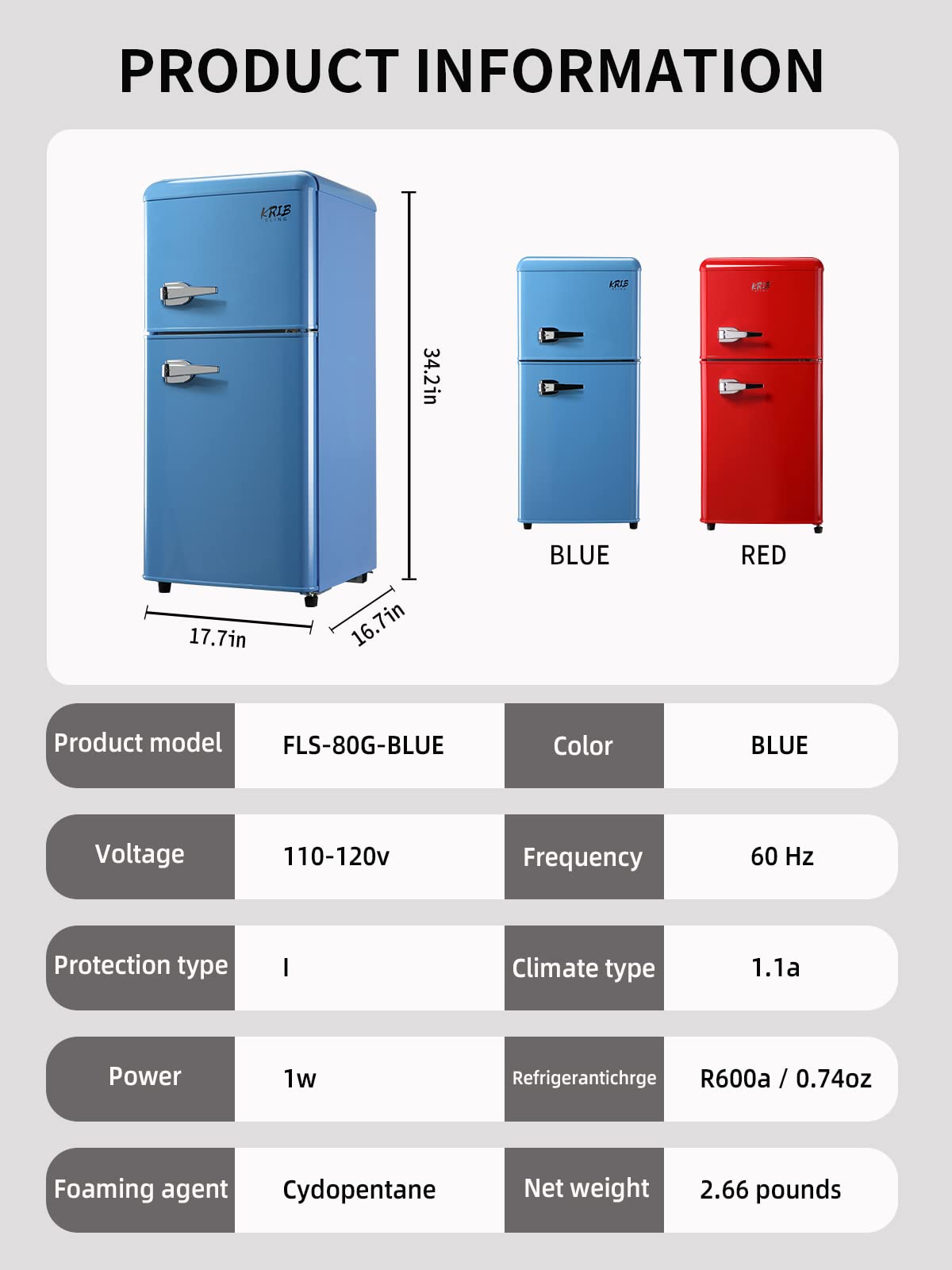 KRIB BLING Mini Fridge Compact Refrigerator Small Refrigerator 7 Level Adjustable Thermostat Removable Shelves with Stainless Steel 2 door for Office Dorm Apartment 3.5 Cu.Ft Blue