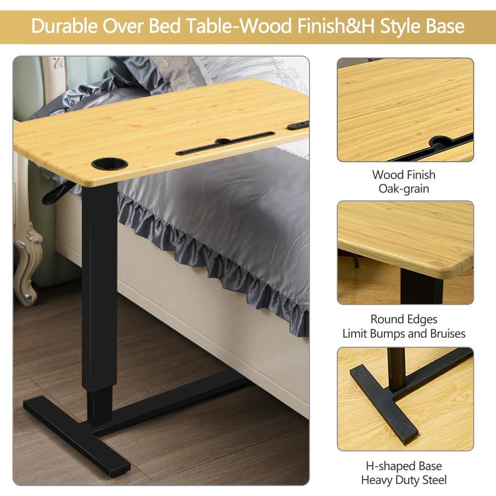 BeGyoku Overbed Table,Hospital Bed Table,Pneumatic Bed Tables Adjustable Over The Bed with Hidden Wheels&USB,Mobile Laptop Table Cart&Rolling Bedside Table with Tray Hospital Home Use-Oak