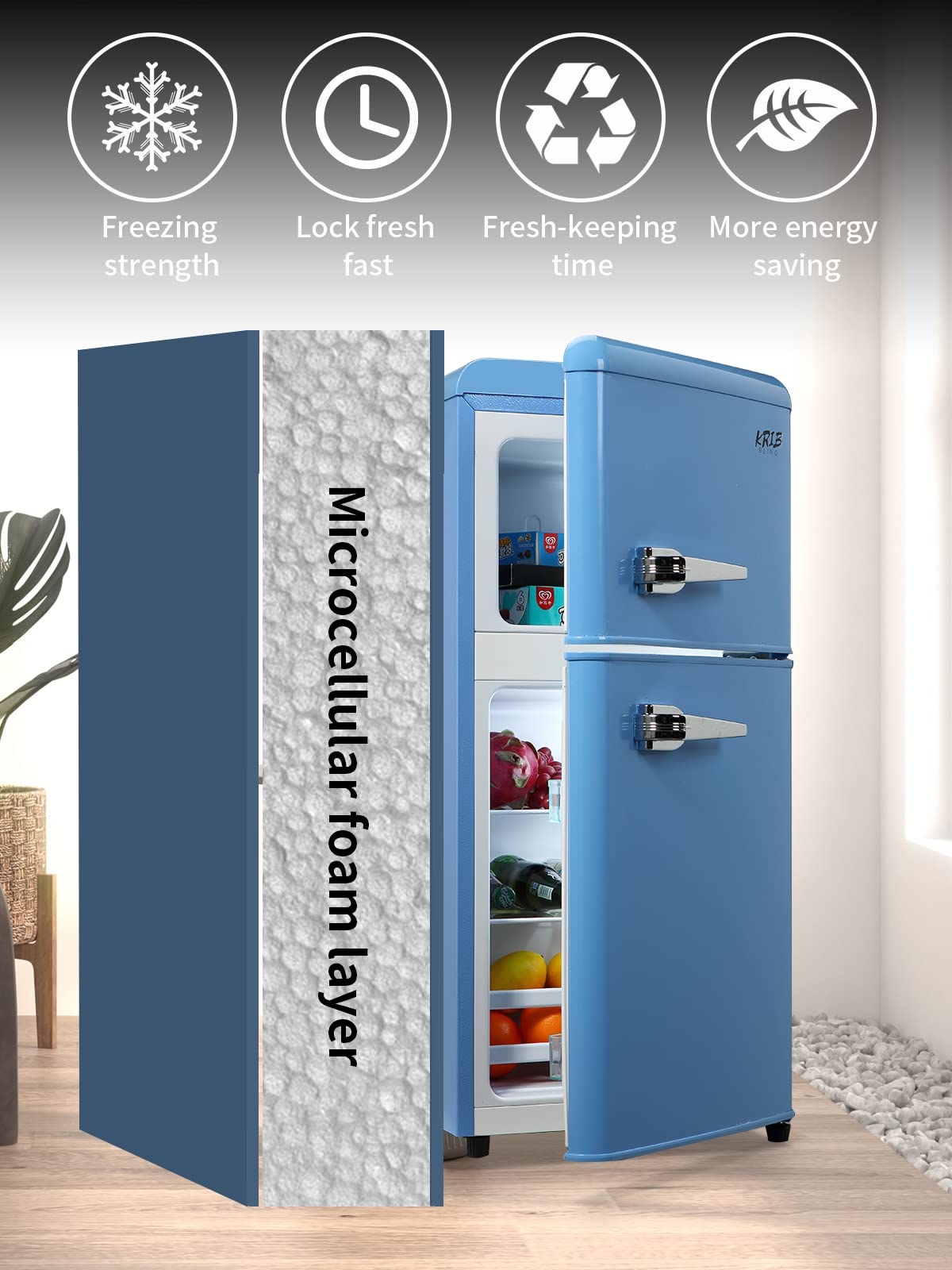 KRIB BLING Mini Fridge Compact Refrigerator Small Refrigerator 7 Level Adjustable Thermostat Removable Shelves with Stainless Steel 2 door for Office Dorm Apartment 3.5 Cu.Ft Blue