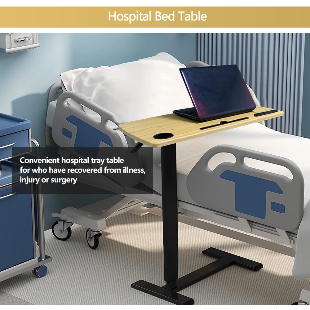 BeGyoku Overbed Table,Hospital Bed Table,Pneumatic Bed Tables Adjustable Over The Bed with Hidden Wheels&USB,Mobile Laptop Table Cart&Rolling Bedside Table with Tray Hospital Home Use-Oak