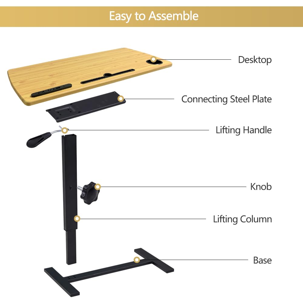 BeGyoku Overbed Table,Hospital Bed Table,Pneumatic Bed Tables Adjustable Over The Bed with Hidden Wheels&USB,Mobile Laptop Table Cart&Rolling Bedside Table with Tray Hospital Home Use-Oak
