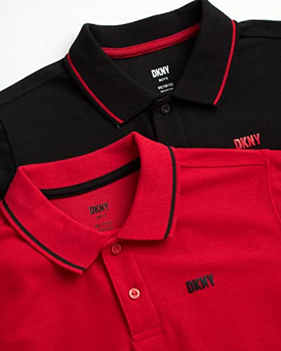 DKNY Boys' Polo Shirt - 2 Pack Classic Fit Short Sleeve Pique Polo - Comfort Stretch Collared Golf Shirt for Boys (4-20), Size 6, Racing Red/Jet Black