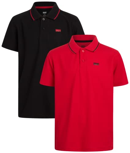 DKNY Boys' Polo Shirt - 2 Pack Classic Fit Short Sleeve Pique Polo - Comfort Stretch Collared Golf Shirt for Boys (4-20), Size 6, Racing Red/Jet Black