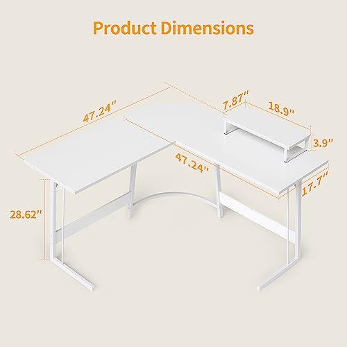BANTI L Shaped Gaming Desk Computer Office Desk, 47 inch Corner Desk with Large Monitor Stand for Home Office Study Writing Workstation, White