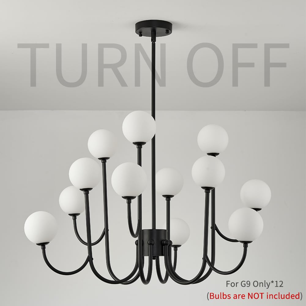 QUOOBE Modern Mid Centur Black 12 Light Chandeliers with Glass Globe,Large Sputnik Metal Ceiling Pendant Light Fixture for Living Room Dining Room Bedroom Kitchen Staircase Office