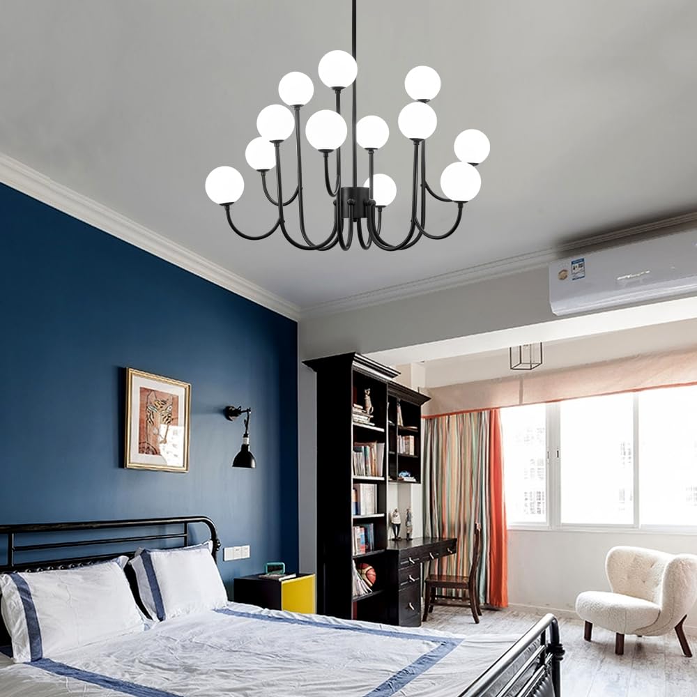 QUOOBE Modern Mid Centur Black 12 Light Chandeliers with Glass Globe,Large Sputnik Metal Ceiling Pendant Light Fixture for Living Room Dining Room Bedroom Kitchen Staircase Office
