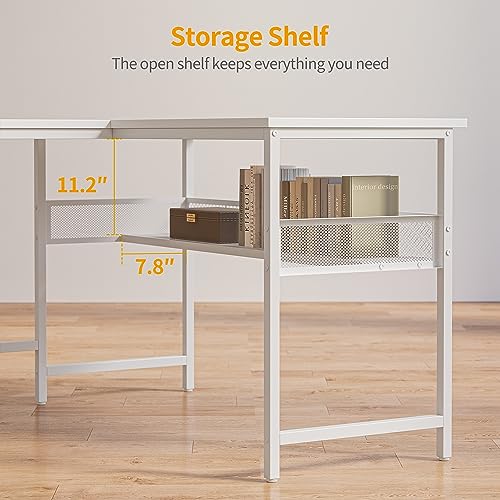 BANTI L Shaped Desk with Power Outlets, Computer Desk with Drawer, Reversible Corner Desk with Grid Storage Bookshelf, Home Office Desk, White