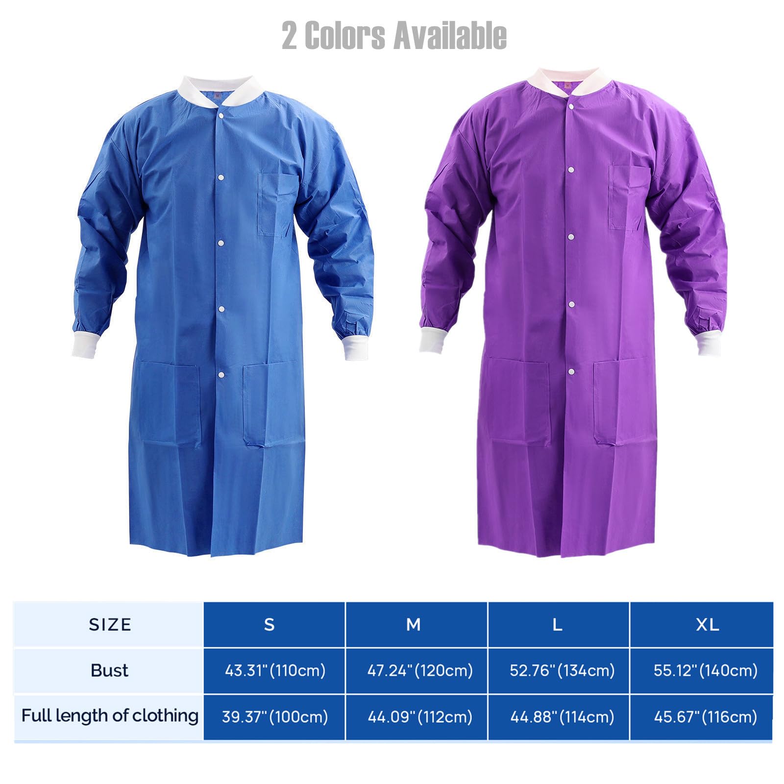 JMU 10 Pack Disposable Lab Coats for Adult Large, SMS Medical Lab Jacket Knee Length with Knit Cuff & Collar, 3 Pockets