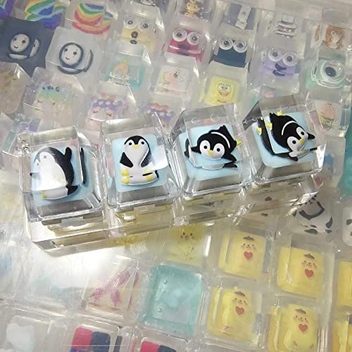 Cute Penguin Anime Keycaps,Blue Ocean Custom Keycaps,4 Pcs Keyboard Keycaps Set,Clear Resin Artisan Keycap with Designs for Gaming Mechanical Keyboards Cherry MX Gateron Switches.(OEM) (4 Penguins)
