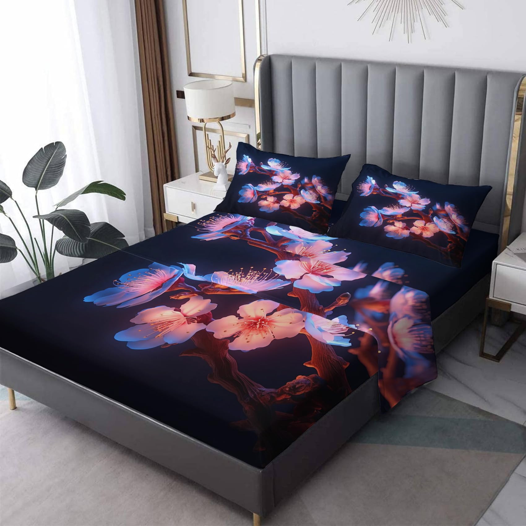 Cherry Blossom Sheets Twin Size, Sakura Pink Bed Sheets, Patterned Bedding Sheets & Pillowcases 3 Piece Set - Soft Microfiber Deep Pocket Fitted Sheet & Flat Sheet & Pillow Case Z9-&-189