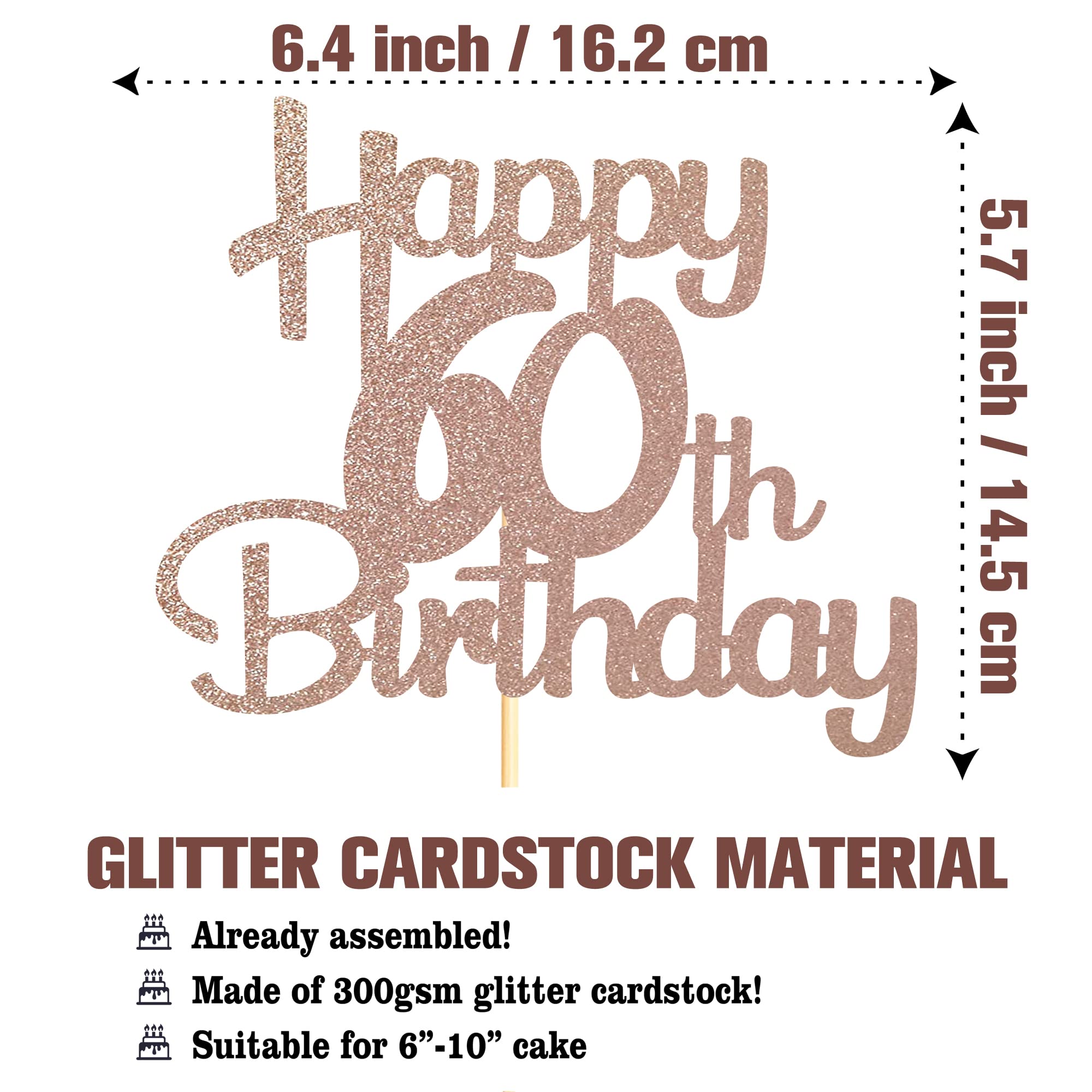 Sotpot Happy 60th Birthday Cake Topper Rose Gold Glitter 60th Cake Toppers 60 Birthday Cake Decorations Cheers to 60 Fabulous Party Cake Picks - 1 Pack