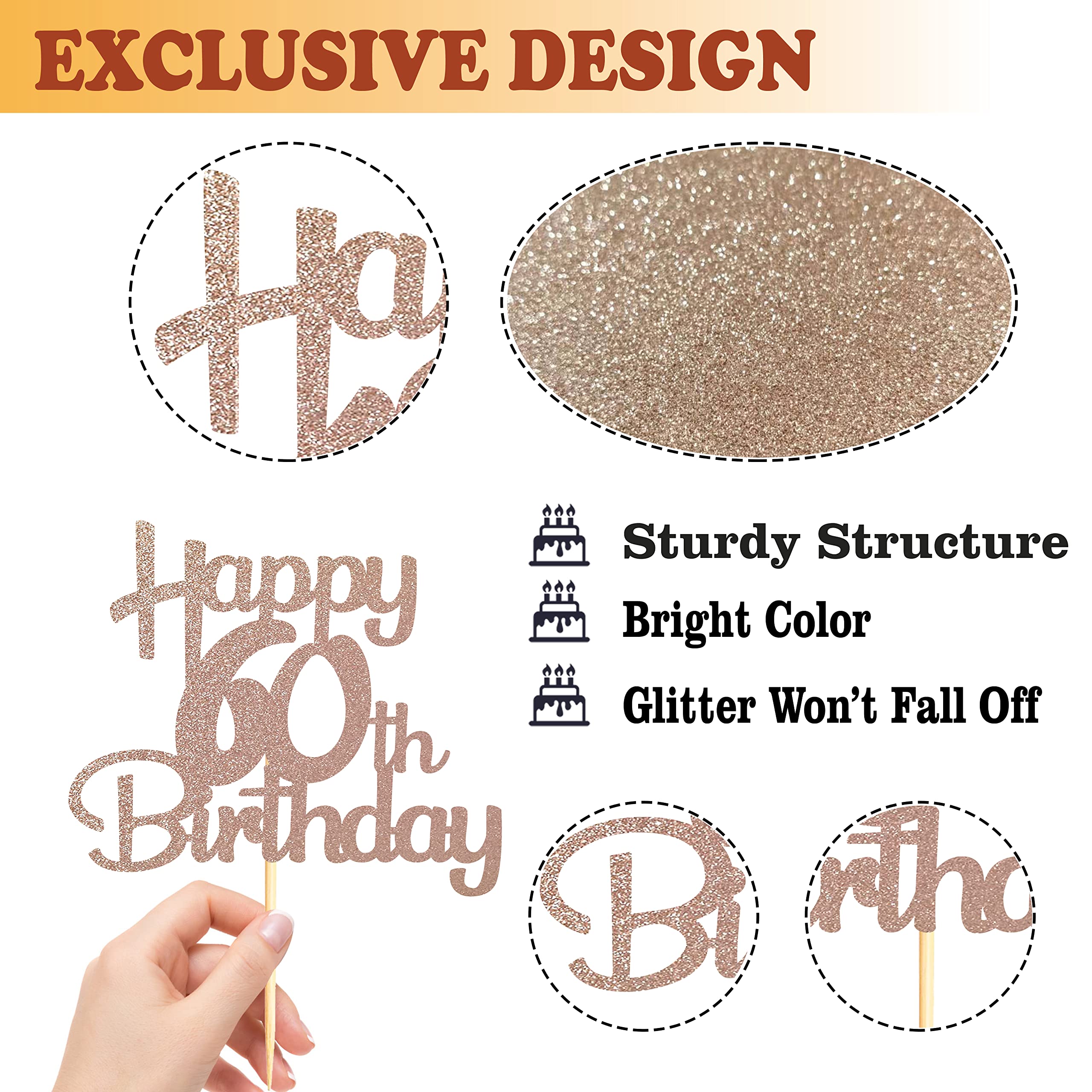 Sotpot Happy 60th Birthday Cake Topper Rose Gold Glitter 60th Cake Toppers 60 Birthday Cake Decorations Cheers to 60 Fabulous Party Cake Picks - 1 Pack