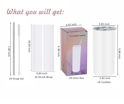 Wzaytia 15 Oz Sublimation Tumblers Blank (24 Pack), Skinny Straight Kids Tumblers Bulk, Individually Gift Boxed, White