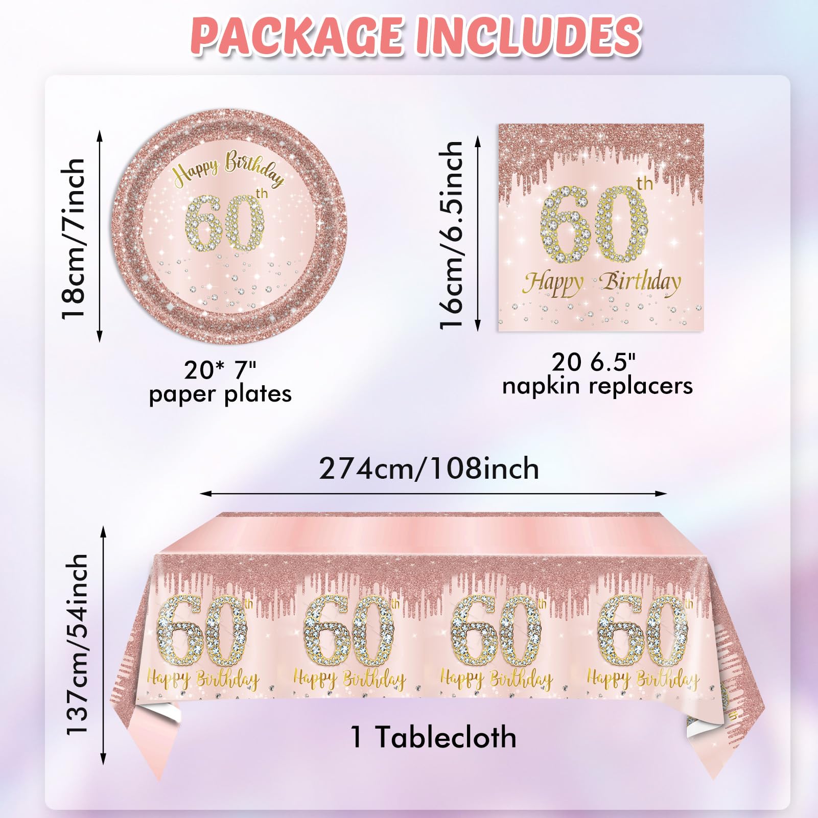 41PCS 60th Birthday Decorations For women Rose Gold Sixty Year Old Birthday Supplies Plates Napkins Tablecloth Disposable Tableware For 20 Guests