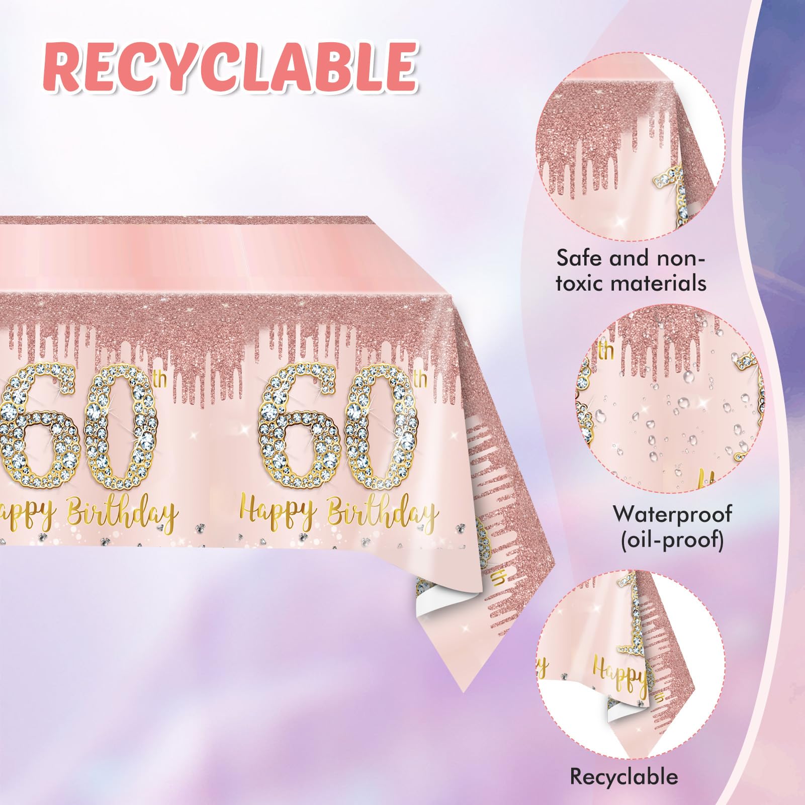 41PCS 60th Birthday Decorations For women Rose Gold Sixty Year Old Birthday Supplies Plates Napkins Tablecloth Disposable Tableware For 20 Guests