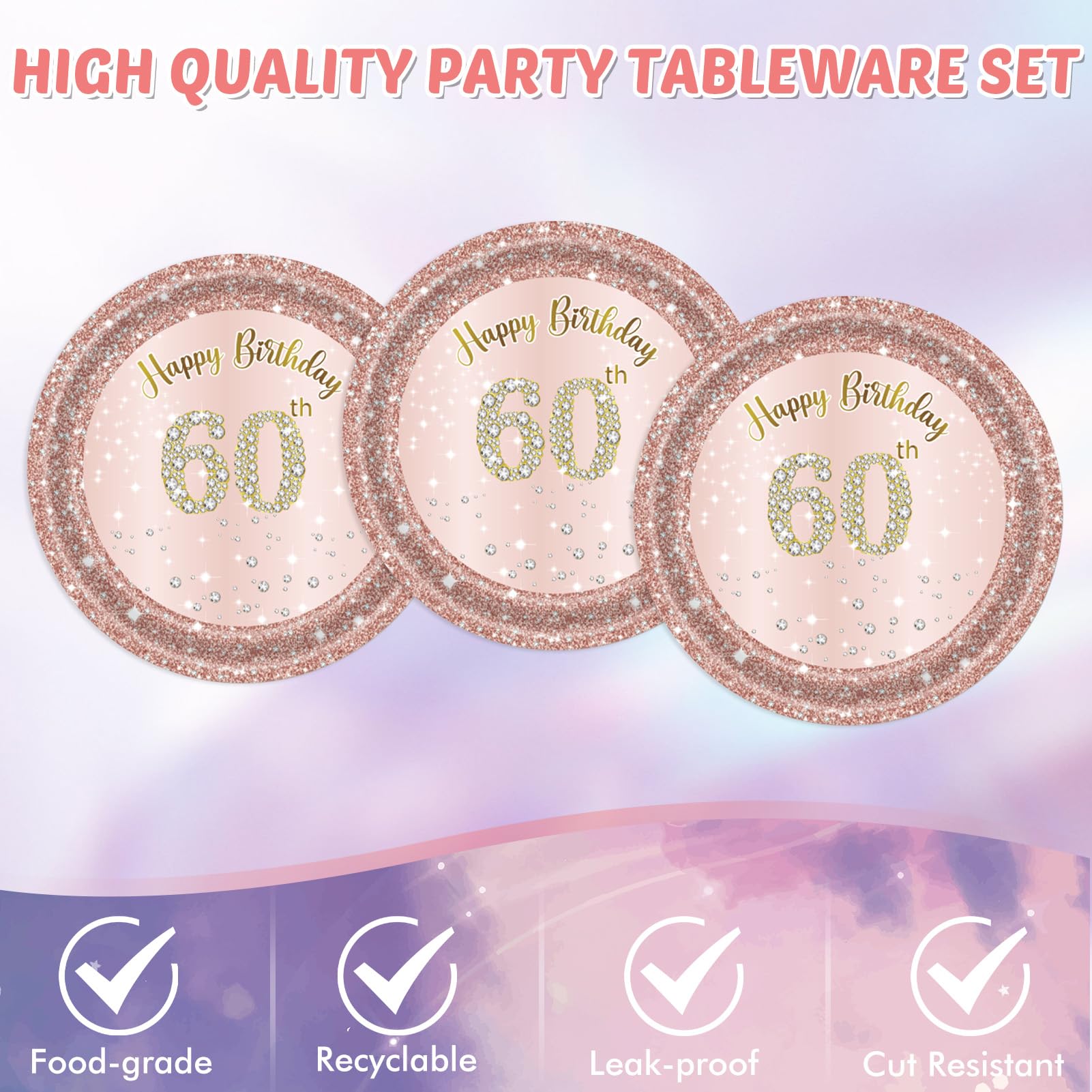 41PCS 60th Birthday Decorations For women Rose Gold Sixty Year Old Birthday Supplies Plates Napkins Tablecloth Disposable Tableware For 20 Guests