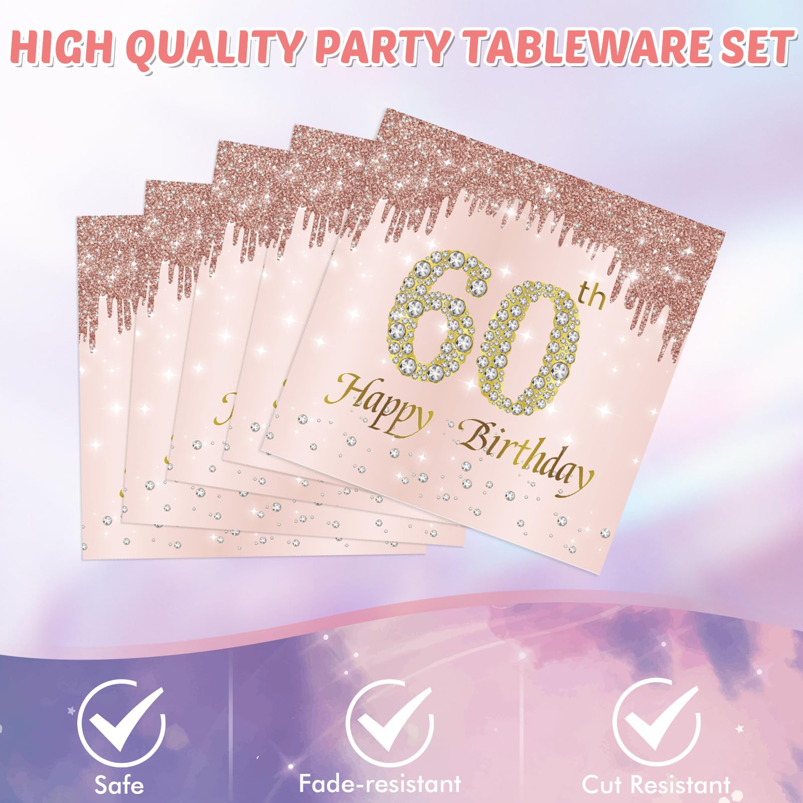 41PCS 60th Birthday Decorations For women Rose Gold Sixty Year Old Birthday Supplies Plates Napkins Tablecloth Disposable Tableware For 20 Guests