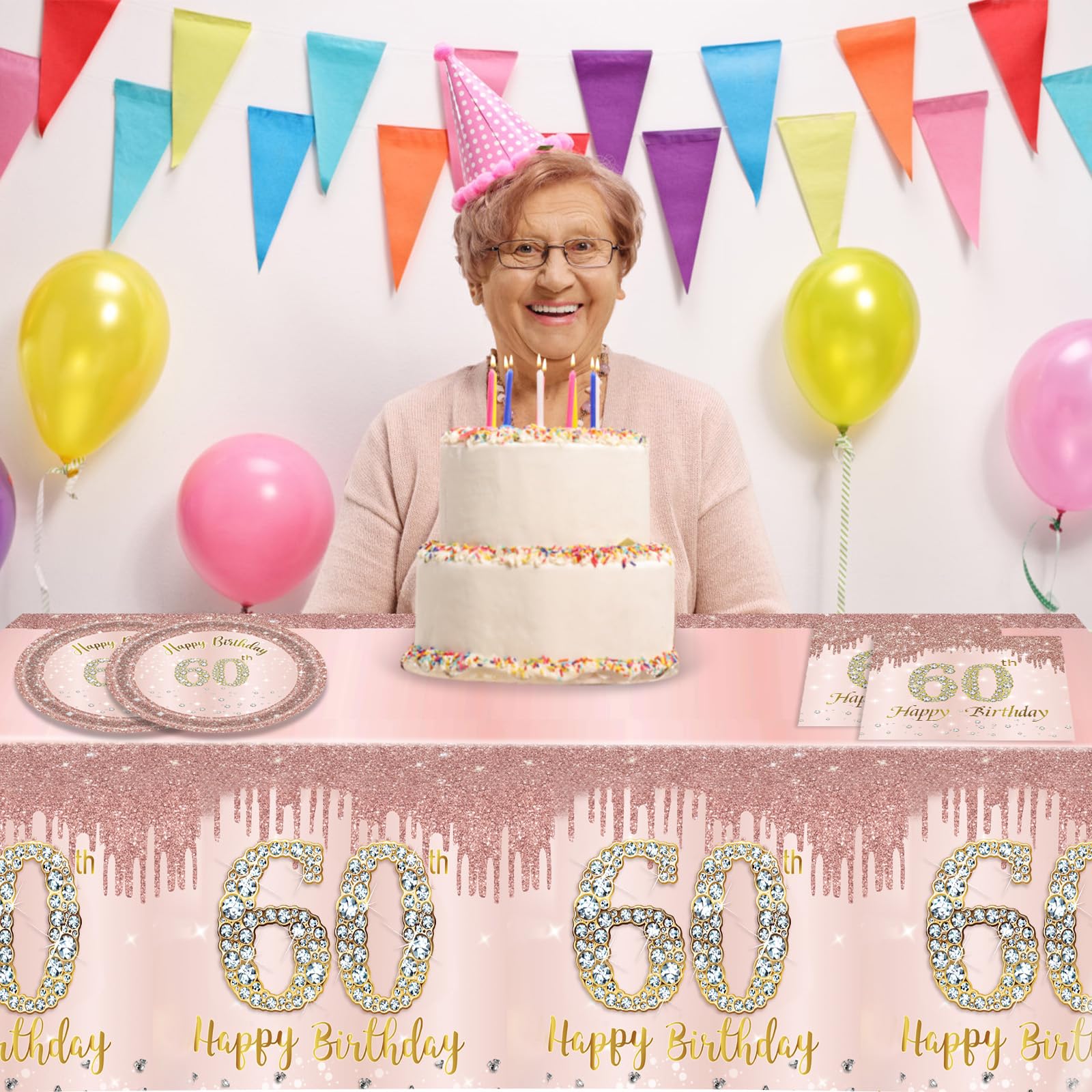 41PCS 60th Birthday Decorations For women Rose Gold Sixty Year Old Birthday Supplies Plates Napkins Tablecloth Disposable Tableware For 20 Guests