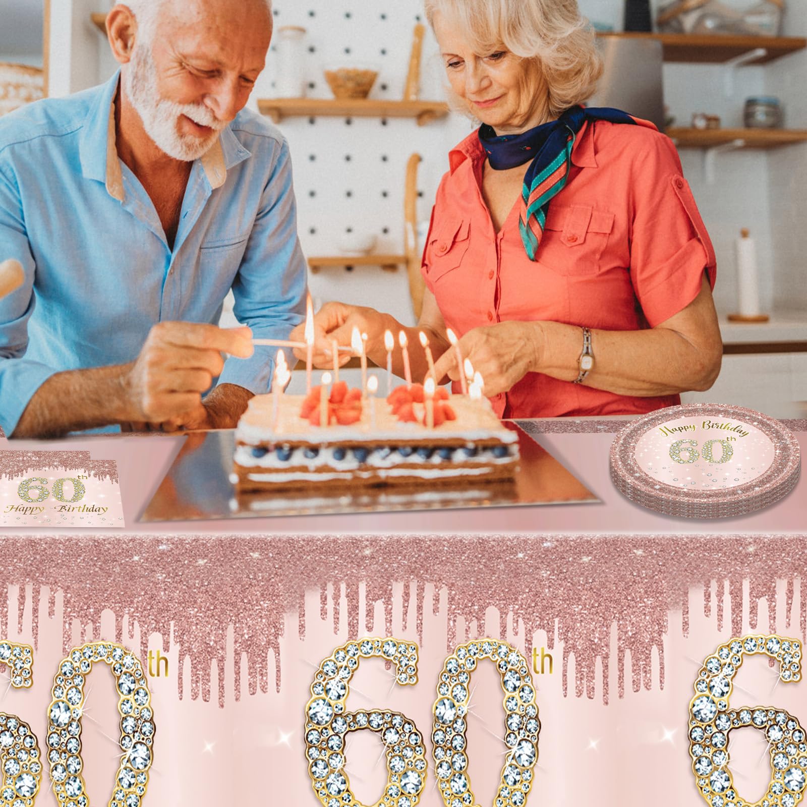41PCS 60th Birthday Decorations For women Rose Gold Sixty Year Old Birthday Supplies Plates Napkins Tablecloth Disposable Tableware For 20 Guests