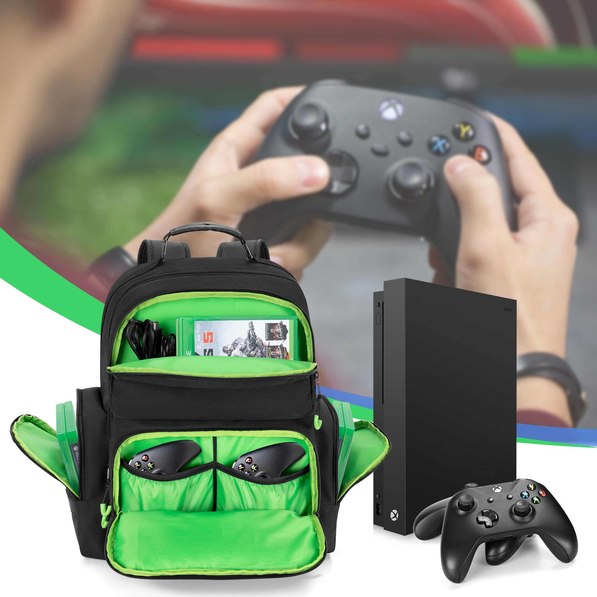 PGmoon Game Console Backpack Compatible with Xbox One/One S/ One X, Xbox Series S, Xbox 360/ 360 Slim, Travel Carrying Case Bag for 15.6’’ Laptop, Controllers, Cables (Patent Design)