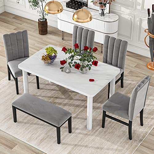 DHHU 6-Piece Dining Set, Modern Rectangular Marble Veneer Table and 4 Flannelette Upholstered Chairs 1 Bench for Living Furniture, Guest Room, Home Bar, and Kitchen, B-White+Gray