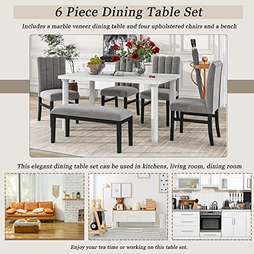 DHHU 6-Piece Dining Set, Modern Rectangular Marble Veneer Table and 4 Flannelette Upholstered Chairs 1 Bench for Living Furniture, Guest Room, Home Bar, and Kitchen, B-White+Gray