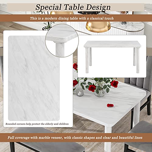 DHHU 6-Piece Dining Set, Modern Rectangular Marble Veneer Table and 4 Flannelette Upholstered Chairs 1 Bench for Living Furniture, Guest Room, Home Bar, and Kitchen, B-White+Gray