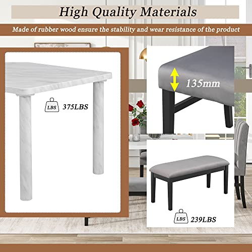 DHHU 6-Piece Dining Set, Modern Rectangular Marble Veneer Table and 4 Flannelette Upholstered Chairs 1 Bench for Living Furniture, Guest Room, Home Bar, and Kitchen, B-White+Gray