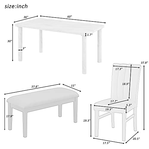 DHHU 6-Piece Dining Set, Modern Rectangular Marble Veneer Table and 4 Flannelette Upholstered Chairs 1 Bench for Living Furniture, Guest Room, Home Bar, and Kitchen, B-White+Gray