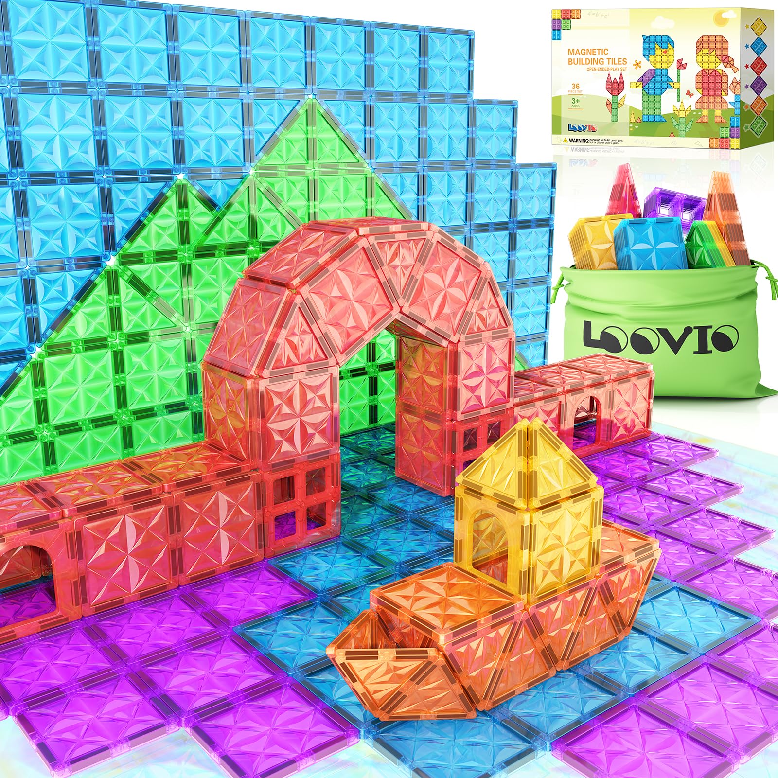 Loovio Magnetic Tiles Toddler Toys for 3 Year Old Boys & Girls, Magnetic Blocks Gifts Toys for Toddler Kids Ages 3-5, Preschool Learning Montessori STEM Magnet Toys - Starter Set