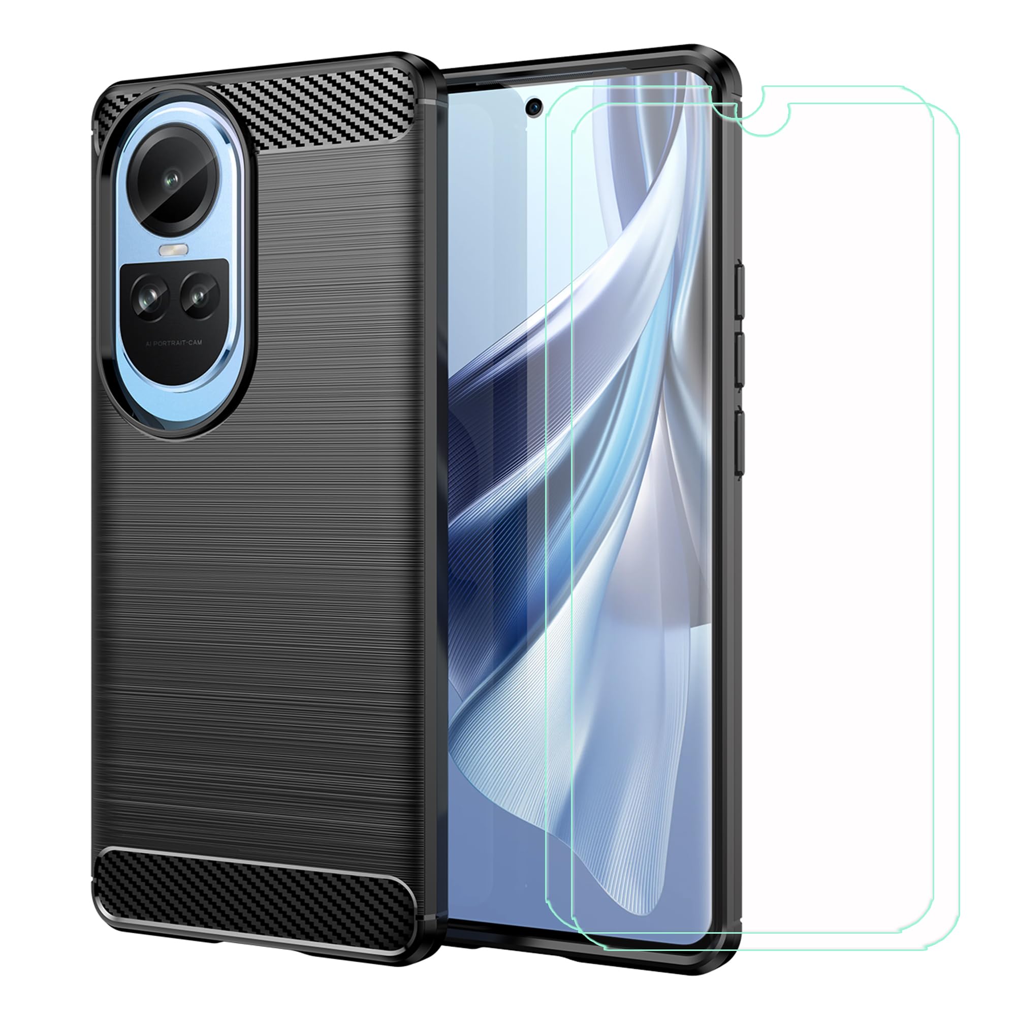 FZZSZS Case for Oppo Reno 10 Global + [2 Pack] Screen Protector Tempered Glass Protective Film,Black Carbon Fiber Shell Soft Silicone TPU Case Cover for Oppo Reno 10 Global (6.7")